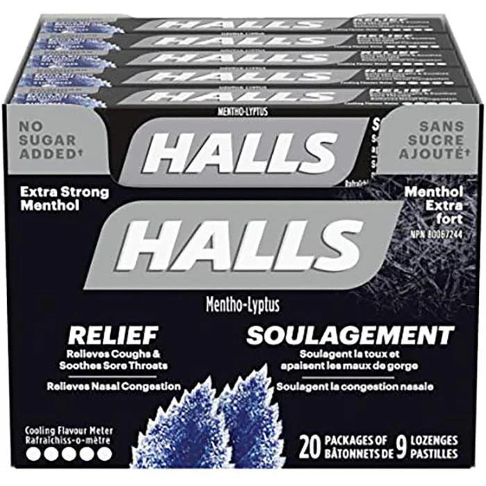 Halls Extra Strong Menthol No Sugar Cough Drops 9 Lozenges 20 Packs ...